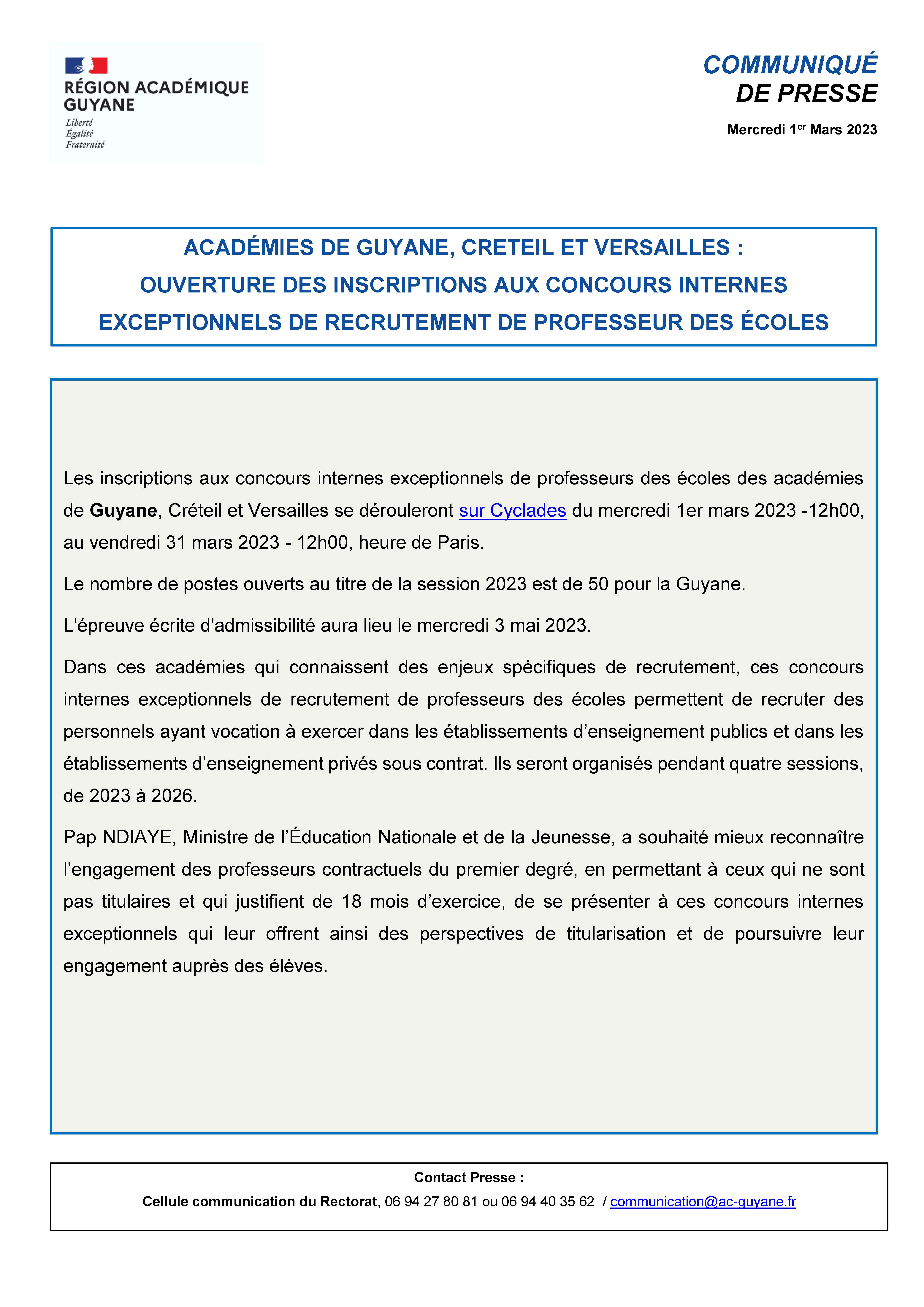 CP - Ouverture Campagne d'inscription nouveau concours interne PE - 1er ...